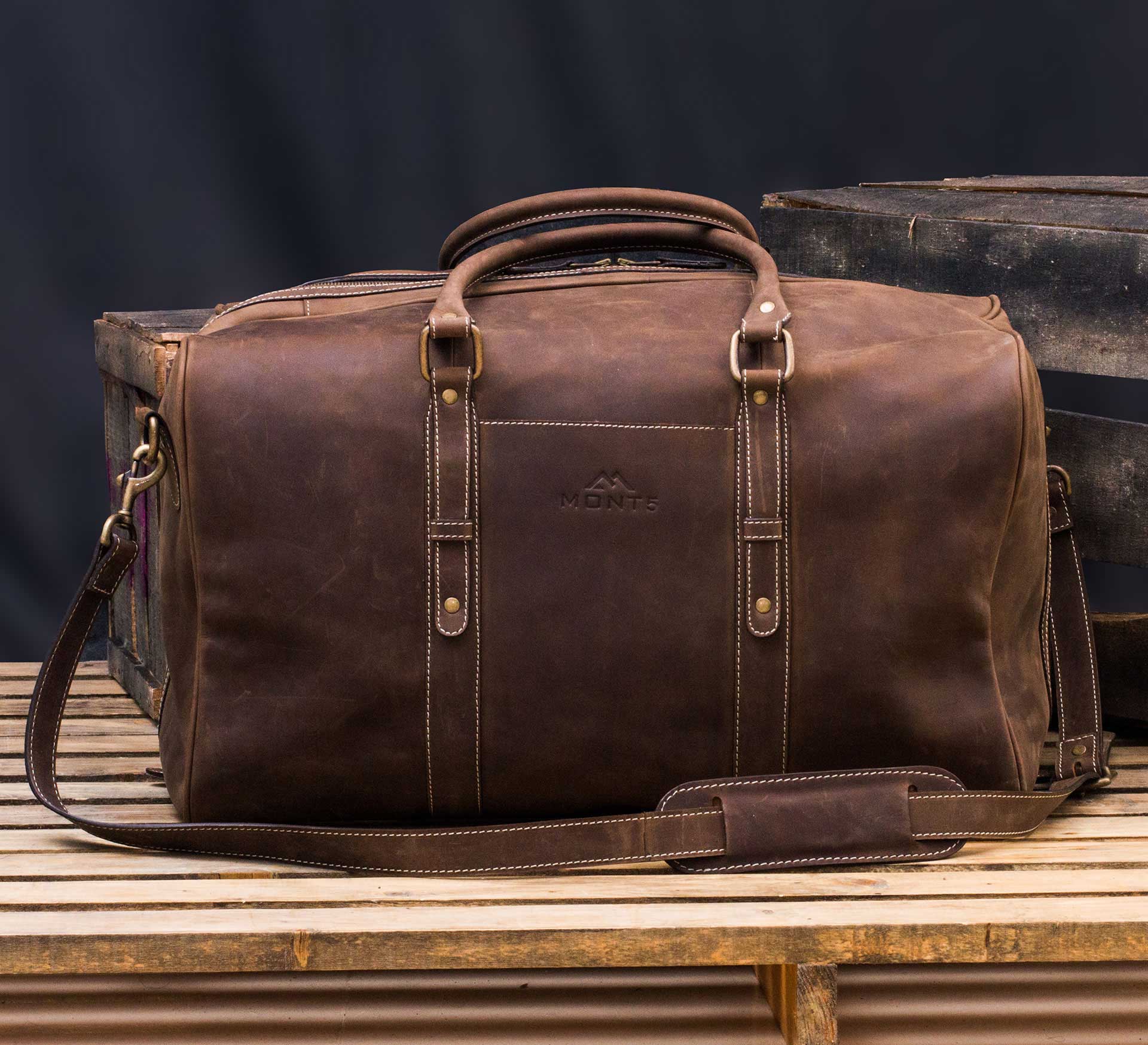 Brown Leather Overnight Bag by MONT5 | Leather Jacket Shop